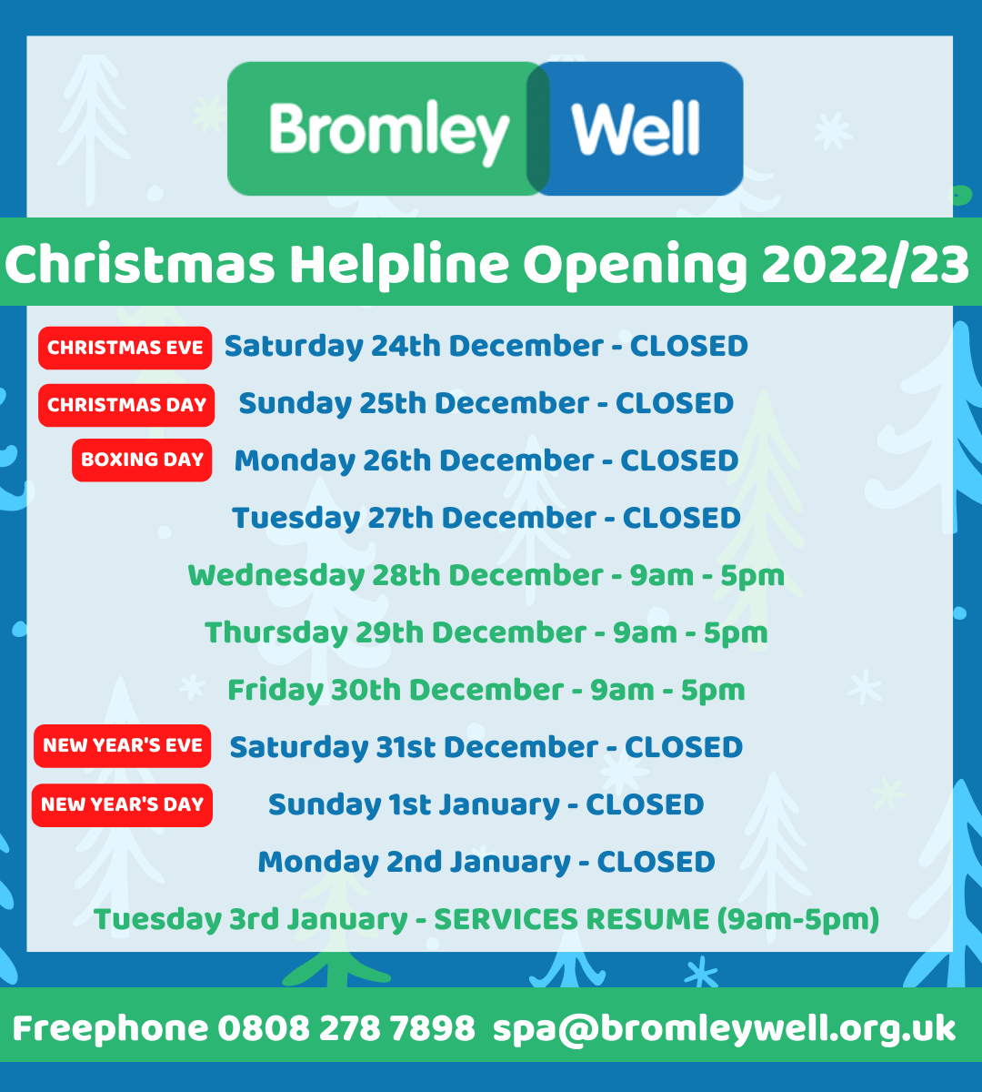 Winter holiday closing times 2022 - Bromley Well